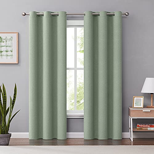 Melodieux Linen Green Blackout Curtains 84 Inches Long for Bedroom, Living Room Darkening Thermal Insulated Farmhouse Burlap Grommet Drapes, 42 x 84 Inch, 2 Panels