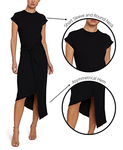 LAUNDRY BY SHELLI SEGAL Women's Midi Cap Sleeve Asymmetrical Knot Front Dresses, Black, Medium