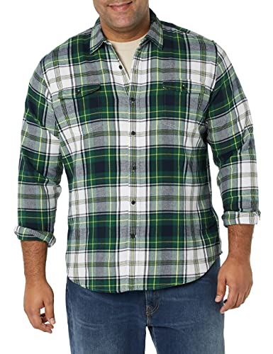 Amazon Essentials Men's Regular-Fit Long-Sleeve Two-Pocket Flannel Shirt, Green/Ivory, Plaid, X-Large