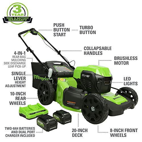 Greenworks 48V (2 x 24V) 20" Brushless Cordless Push Lawn Mower, (2) 4.0Ah USB Batteries (USB Hub) and Dual Port Rapid Charger Included