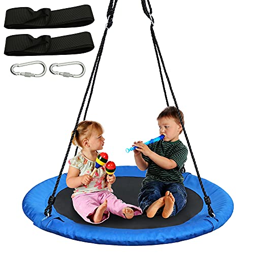 TURFEE 40" Blue Saucer Tree Swing Set 900D Heavy-Duty Waterproof Oxford Fabric Platform Swing Seat with Carabiners and Adjustable Ropes for Kids Playground Outdoor Activity Backyard Fun Daily Exercise