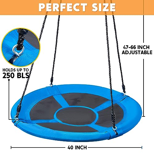 TURFEE 40" Blue Saucer Tree Swing Set 900D Heavy-Duty Waterproof Oxford Fabric Platform Swing Seat with Carabiners and Adjustable Ropes for Kids Playground Outdoor Activity Backyard Fun Daily Exercise