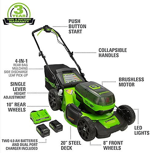 Greenworks 48V (2 x 24V) 20" Brushless Cordless Push Lawn Mower, (2) 4.0Ah USB Batteries (USB Hub) and Dual Port Rapid Charger Included