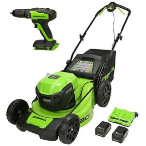 greenworks 48v (2 x 24v) 20" brushless cordless push lawn mower + 24v brushless drill / driver, (2) 4.0ah usb batteries (usb hub) and dual port rapid charger included