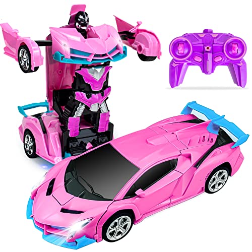 Ynybusi Remote Control Car, Transformation Car Robot Rc Cars for Kids Boys Girls Gift, 2.4G 1:18 Scale Racing Car with One-Button Deformation & 360°Drifting Robot Car Toy- Pink