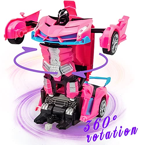 Ynybusi Remote Control Car, Transformation Car Robot Rc Cars for Kids Boys Girls Gift, 2.4G 1:18 Scale Racing Car with One-Button Deformation & 360°Drifting Robot Car Toy- Pink