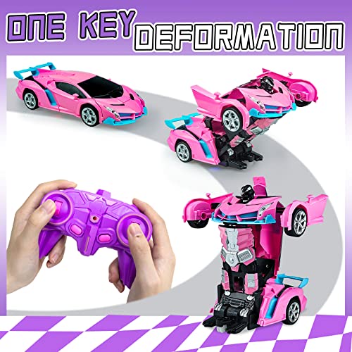 Ynybusi Remote Control Car, Transformation Car Robot Rc Cars for Kids Boys Girls Gift, 2.4G 1:18 Scale Racing Car with One-Button Deformation & 360°Drifting Robot Car Toy- Pink