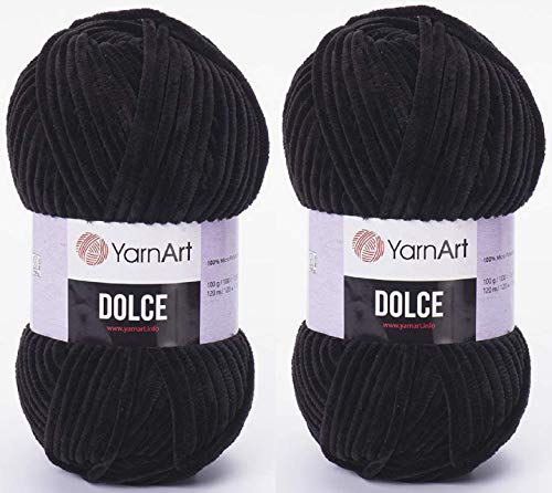 YarnArt Dolce Yarn Velvet Yarn 100% MicroPolyester Lot of 2 skn 264 Yards 2x100gram Super Bulky :6 Baby Chenille Yarn (742 Black)