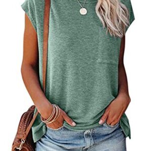 MEROKEETY Women's Casual Cap Sleeve T Shirts Basic Summer Tops Loose Solid Color Blouse Green