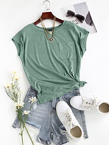 MEROKEETY Women's Casual Cap Sleeve T Shirts Basic Summer Tops Loose Solid Color Blouse Green