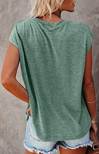 MEROKEETY Women's Casual Cap Sleeve T Shirts Basic Summer Tops Loose Solid Color Blouse Green