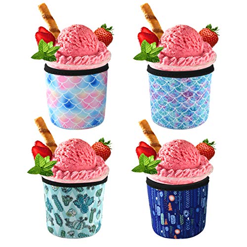 4 Pack Ice Cream Pint Size Ice Cream Sleeves Neoprene Cover with Spoon Holder Cover (Plant+Fish scales)