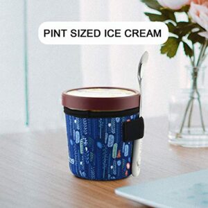 4 Pack Ice Cream Pint Size Ice Cream Sleeves Neoprene Cover with Spoon Holder Cover (Plant+Fish scales)