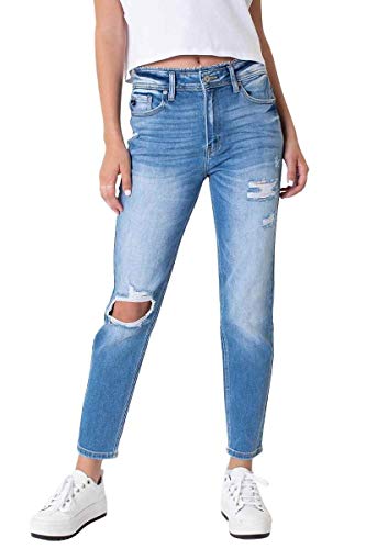 Kancan Women's High Rise Distressed Mom Jeans - KC9198L (Medium Wash, 13/30)