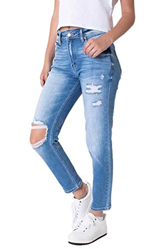 Kancan Women's High Rise Distressed Mom Jeans - KC9198L (Medium Wash, 13/30)