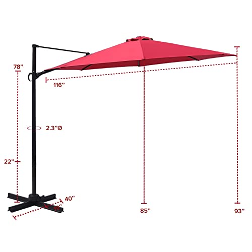 FLAME&SHADE 10 ft Cantilever Offset Outdoor Patio Umbrella with Base Stand Rotate and Tilt - Red