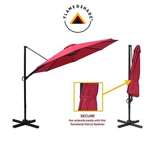 FLAME&SHADE 10 ft Cantilever Offset Outdoor Patio Umbrella with Base Stand Rotate and Tilt - Red