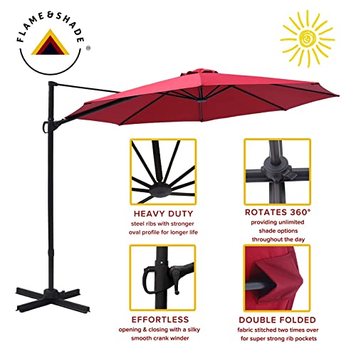 FLAME&SHADE 10 ft Cantilever Offset Outdoor Patio Umbrella with Base Stand Rotate and Tilt - Red