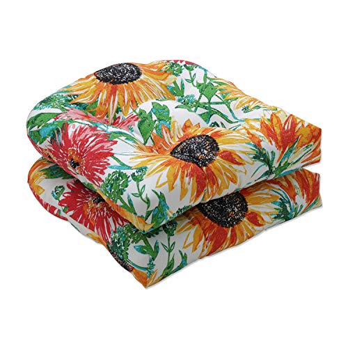 Pillow Perfect Bright Floral Indoor/Outdoor Chair Seat Cushion, Tufted, Weather, and Fade Resistant, 19" x 19", Yellow/Green Sunflowers, 2 Count