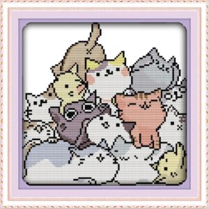 stamped cross stitch kits for beginners full range of cross stitching preprinted pattern for kids or adults, diy needlepoint starter kits (the lovely cats 12.6x11 inch)