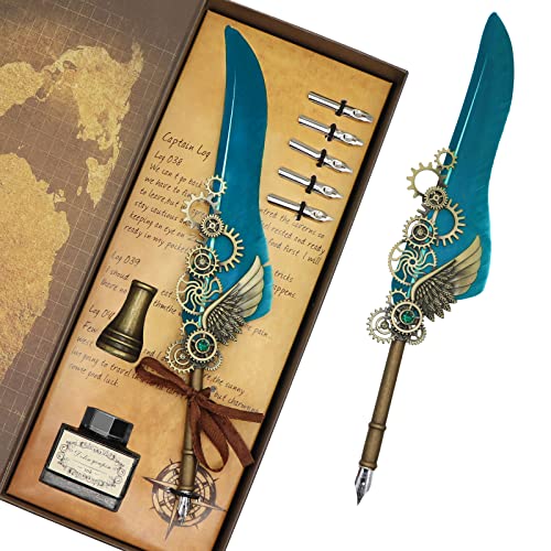 Jubapoz Feather Pen Calligraphy Pen and Ink Set Antique Quill Pen Refillable Ink Dip Pens for Writing, Drawing, Signature, Wedding, Birthday Gifts, Retro Decoration (Green)