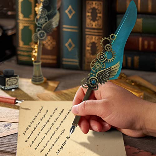 Jubapoz Feather Pen Calligraphy Pen and Ink Set Antique Quill Pen Refillable Ink Dip Pens for Writing, Drawing, Signature, Wedding, Birthday Gifts, Retro Decoration (Green)