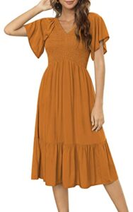 kranda women short flutter sleeve v neck smocked solid pleat midi dress pumkin spice m