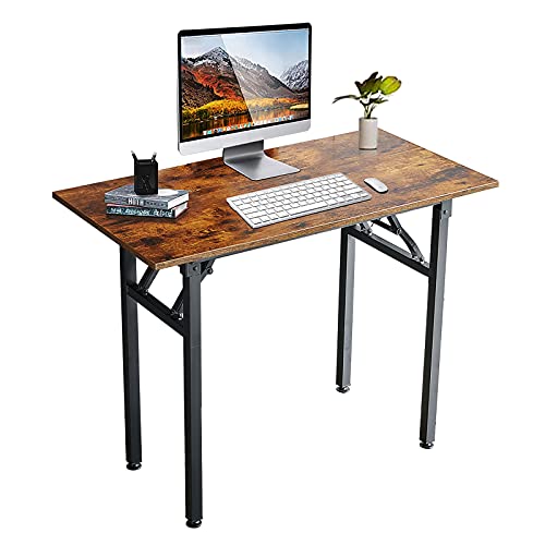 TEMI Small Desk 31.5" No Assembly Desk, Computer Desk for Home Office, Study Desk for Bedroom, Folding Desk with Stable Metal Black Frame, Rustic Brown