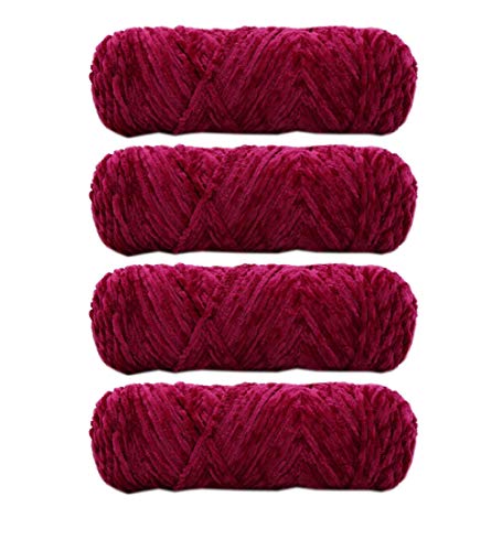 4 Skeins Chenille Yarn, Blanket Yarn for Knitting Chenille Velvet Fancy Yarn for Crochet Weaving DIY Craft Total Length 4×180m (4×190yds, 4×100g) (Purplish Red)