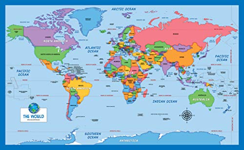 2 Pack - World Map for Kids + Blue Ocean USA Map (Laminated, 18" x 29")