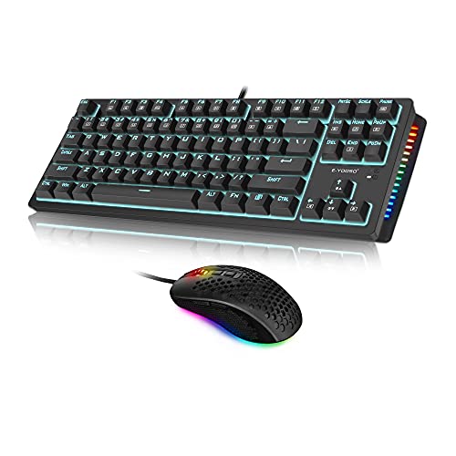 Mechanical Keyboard and Mouse Combo, E-YOOSO Blue Switches Wired Gaming Keyboard Mouse with 87 Keys, Mechanical Clicky Keyboard with Backlit & RGB LED Sidelight and Mouse Pad, for Windows/Mac/PC