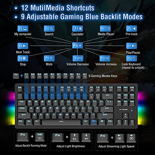 Mechanical Keyboard and Mouse Combo, E-YOOSO Blue Switches Wired Gaming Keyboard Mouse with 87 Keys, Mechanical Clicky Keyboard with Backlit & RGB LED Sidelight and Mouse Pad, for Windows/Mac/PC