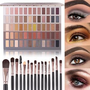 ucanbe 60 colors naked eyeshadow palette + 15pcs makeup brush set, all in one nude neutral smokey makeup pallet with brushes tools, pigmented warm matte shimmer powder eye shadows cosmetic halloween beauty kit