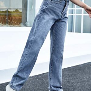 SweatyRocks Women's Casual Boyfriend Jeans High Rise Denim Pants with Pocket Blue M