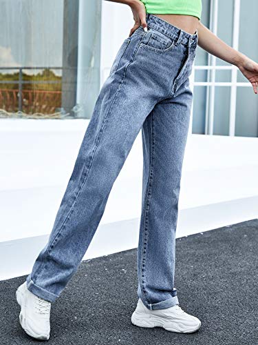 SweatyRocks Women's Casual Boyfriend Jeans High Rise Denim Pants with Pocket Blue M