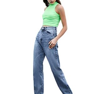 SweatyRocks Women's Casual Boyfriend Jeans High Rise Denim Pants with Pocket Blue M