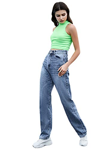 SweatyRocks Women's Casual Boyfriend Jeans High Rise Denim Pants with Pocket Blue M