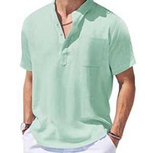 COOFANDY Mens Cotton Linen Henley Hippie Casual Beach T Shirt with Pocket, Green, Large, Short Sleeve