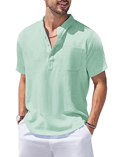 COOFANDY Mens Cotton Linen Henley Hippie Casual Beach T Shirt with Pocket, Green, Large, Short Sleeve