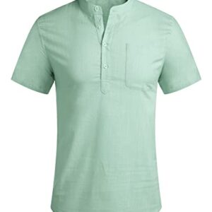 COOFANDY Mens Cotton Linen Henley Hippie Casual Beach T Shirt with Pocket, Green, Large, Short Sleeve