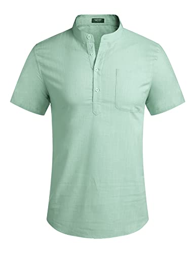 COOFANDY Mens Cotton Linen Henley Hippie Casual Beach T Shirt with Pocket, Green, Large, Short Sleeve