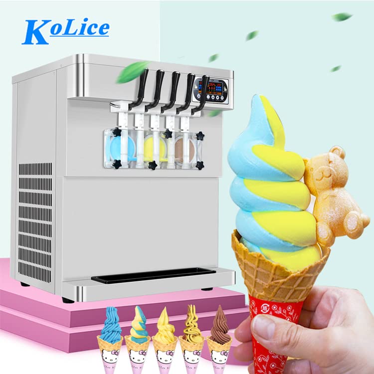 Kolice Commercial 3+2 Mixed Flavors Soft Serve Ice Cream Machine, Softy Yogurt Ice Cream Maker-Upper Tanks Refrigerated & Transperant Dispenser Set & ETL