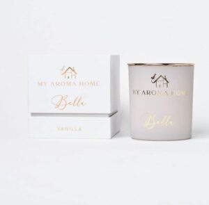 vanilla bean | 8 oz | strong scented candles | natural soy candle | premium strong scent | elegant glass jar | metal lid | designer gift box | long even burn | double wick