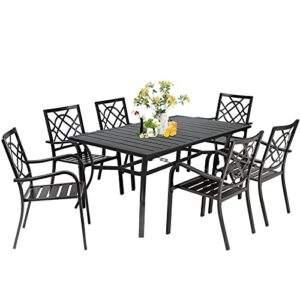 oakcloud 7-piece patio dining set, outdoor metal furniture dining table set 6 stackable patio dining chairs and rectangle dining table with umbrella hole, black