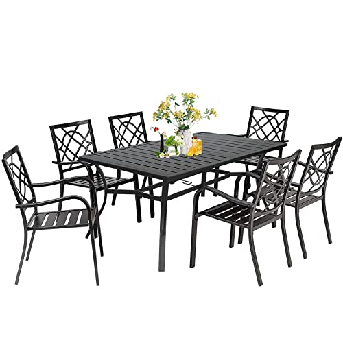 Oakcloud 7-Piece Patio Dining Set, Outdoor Metal Furniture Dining Table Set 6 Stackable Patio Dining Chairs and Rectangle Dining Table with Umbrella Hole, Black