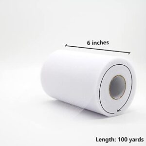 Tulle Rolls, 6 Inch Tulle Fabric Spool/Roll,Wedding Tulle Fabric Bolt Spool for Tutu Skirt Crafting Favors Pew Bow Party Decorations (6“ x 100 Yards, White)