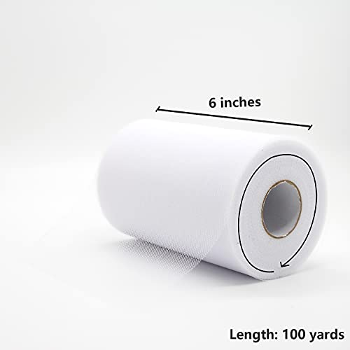 Tulle Rolls, 6 Inch Tulle Fabric Spool/Roll,Wedding Tulle Fabric Bolt Spool for Tutu Skirt Crafting Favors Pew Bow Party Decorations (6“ x 100 Yards, White)