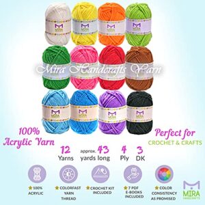 Mira Handcrafts 12 Acrylic Yarn Skeins, 2 Crochet Hooks and Real Project Book - Total 516 Yards Crafts Worsted Yarn – Ideal Starter Kit and Excellent for Mini Projects and Granny Squares