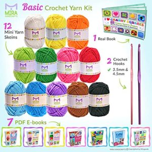 Mira Handcrafts 12 Acrylic Yarn Skeins, 2 Crochet Hooks and Real Project Book - Total 516 Yards Crafts Worsted Yarn – Ideal Starter Kit and Excellent for Mini Projects and Granny Squares