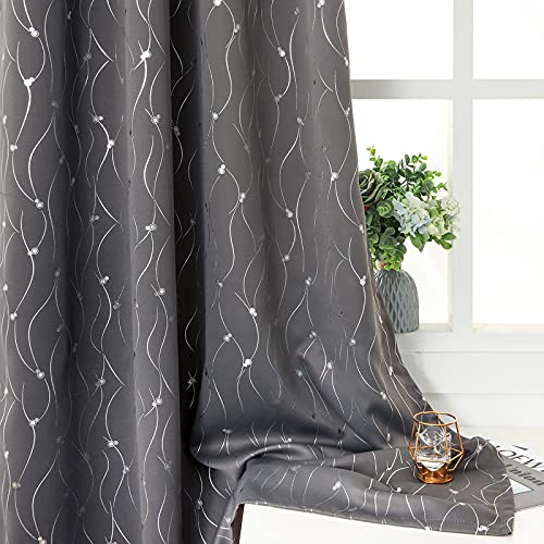 BGment Blackout Curtains for Bedroom 84 Inch Long, Grommet Thermal Insulated Room Darkening Window Curtains with Wave Line and Dots Printed for Living Room 2 Panels Set, 52 x 84 Inch, Dark Grey